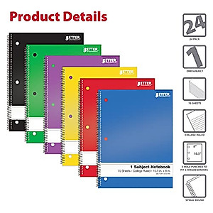 Better Office Products Spiral Notebooks 1-Subject, 24 Pack, College Rule, 70 Sheet, 8 x 10.5 inches, 6 Assorted Primary Colors, 24 Pack