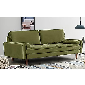 US Pride Furniture Velvet 70" Sofa Couch, Iconic Mid-Century Style Living Room Furniture with Contemporary Silhouette, Button Tufting and Wood Legs, Includes 2 Bolster Pillows, Olive Green