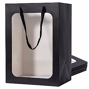 Sdootjewelry 10pcs Black Gift Bag with Transparent Window, 13.8''×7.1''×9.8'' Window Gift Bags with Handles, Flower Bags for Bouquets, Kraft Paper Gift Bags for Party Wedding Shopping Retail