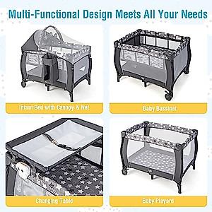 BABY JOY 4 in 1 Pack and Play, Portable Baby Playard with Bassinet, Adjustable Canopy, Changing Table, Lockable Wheels, Glowing Music Box, Travel Baby Crib Bassinet Bed from Newborn to Toddler