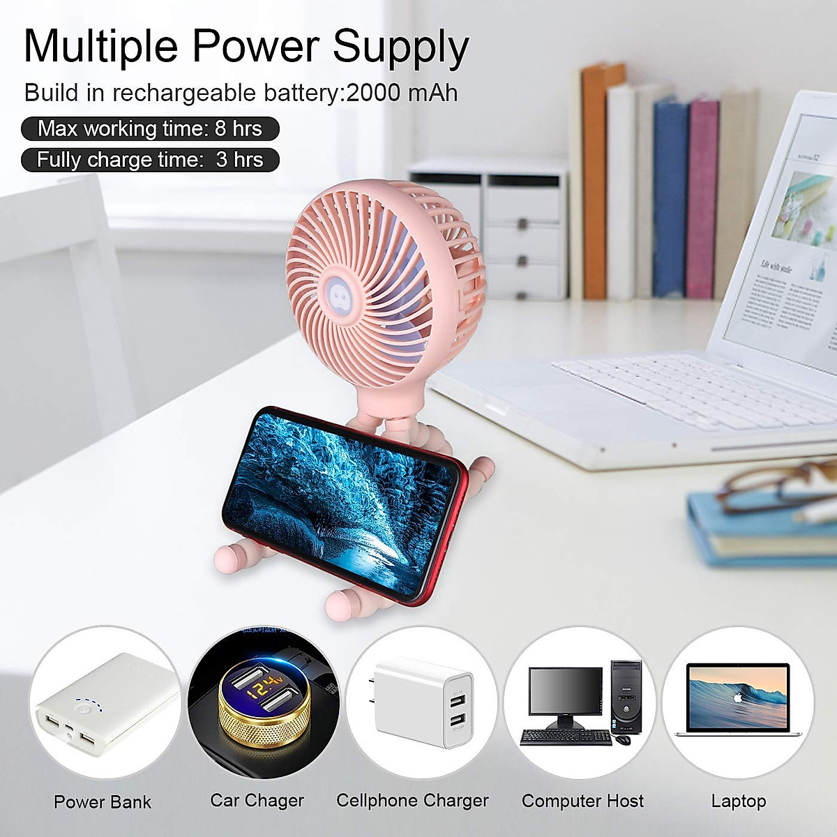 Leipple Mini Handheld Stroller Fan,Personal Portable Clip-on Desk Fan with Flexible Tripod,Rechargeable USB Fan Adjustable 3 Speeds for Camping Car Seat Crib Bike Treadmill Gym (Pink)