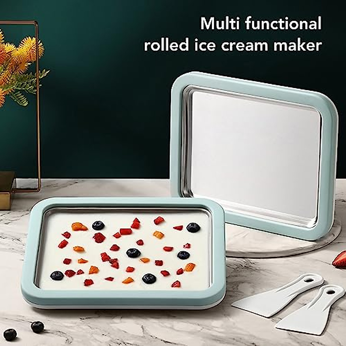 Instant Ice Cream Maker, Rolled Ice Cream Maker, Stainless Steel Cold Pan Plate Homemade DIY Serve with 2 Spatula for Ice Cream Slushies Yogurt