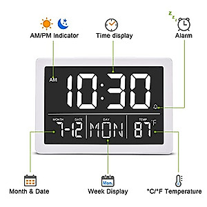 Amgico Digital Alarm Clock with Snooze, Small Clock/Table Clock, 6.3" LED Digital Calendar, 12/24H, Adjustable Brightness/Volume, Desk Clock for Bedroom, Living Room, Office - White