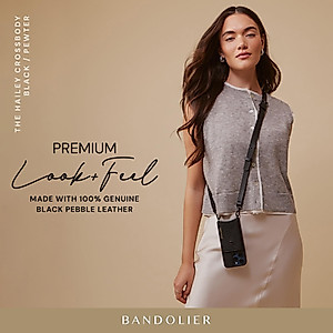 Bandolier Hailey Crossbody Wallet Phone Case for iPhone 15 Pro Max. 100% Genuine Pebble Leather with Pewter Hardware. Adjustable & Removable Strap. Expandable Flip Card Holder. Black with Pewter