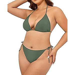 Tempt Me Women Plus Size Triangle Bikini String Two Piece Halter Tie Side Swimsuit Army Green 16 Plus