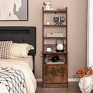 Giantex Nightstand with Charging Station - 55" Tall Bedside Table with 6-Level Adjustable Shelves, Multifunctional End Table & Bookshelf, Modern Storage Cabinet for Bedroom (Rustic Brown)