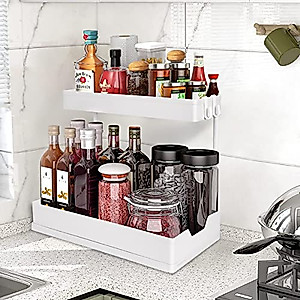 MILILOVE Under Sink Storage Organizers, Bathroom Countertop Organizer, 2-Tier Sliding Kitchen Cabinet Organization, with Hooks, Multi-purpose Shelf Organizer, For Kitchen Bathroom Bedroom Office