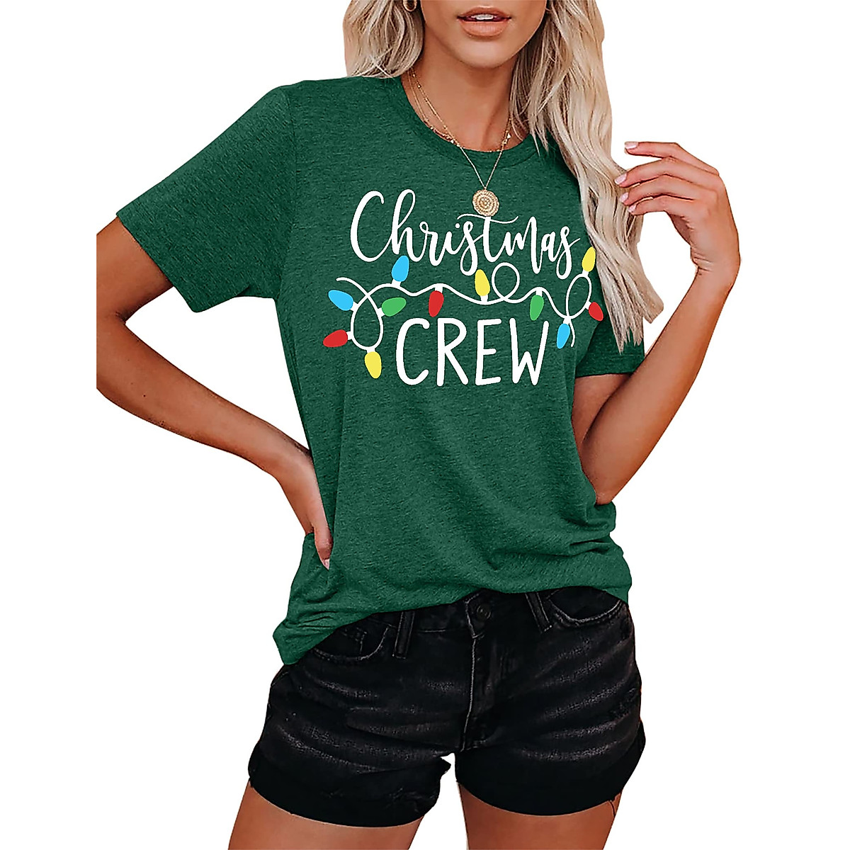 Christmas Crew Shirts for Women Xmas Shirt Top Short Sleeve Christmas Lights Print Graphic T Shirt Holiday Tees Green
