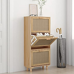 Wekity Shoe Storage Cabinet, Rattan Shoe Cabinet with 3 Flip Drawers, Narrow Free Standing Shoe Cabinet for Heels Slippers Boots, Wood Shoe Cabinet for Entryway Hallway 10X21X45Inch (Nature)