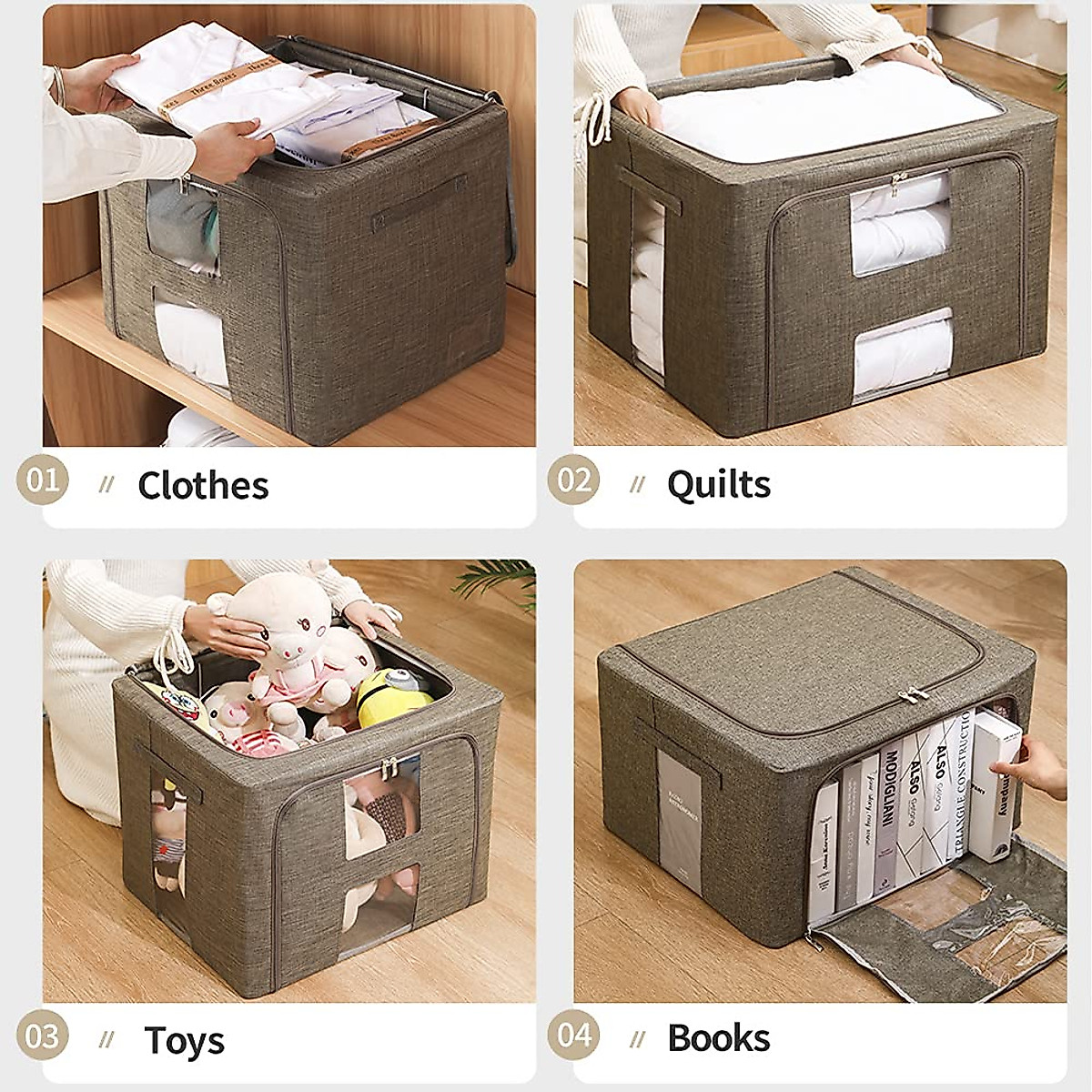 BESTUNIHOM Stackable Oxford Storage Bins with Transparent Windows for Clothing, Quilts, Blankets, Foldable Bedroom Storage Closet Organizers, 2 Pcs Brown 60L SNX-NJB012PBR60