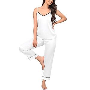 SWOMOG Women's Satin Pajamas Set V-Neck Cami Top and Capris Pants Silk Sleepwear Pjs Set White
