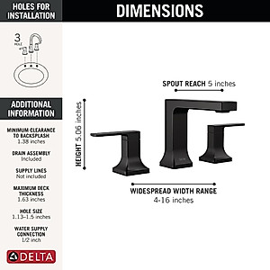 Delta Faucet Velum Widespread Bathroom Faucet 3 Hole, Black Bathroom Sink Faucet, 2 Handle Bathroom Faucet, Bath Faucet, Pop-Up Drain Assembly, Matte Black 3537LF-BLMPU