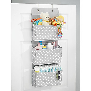 mDesign Fabric Baby Nursery Hanging Organizers for Over The Door Storage for Kids - 3 Pocket Organizer Caddy with Hooks for Clothing, School, Diaper, Toy, and Outfit Storage - Polka Dot, Gray/White