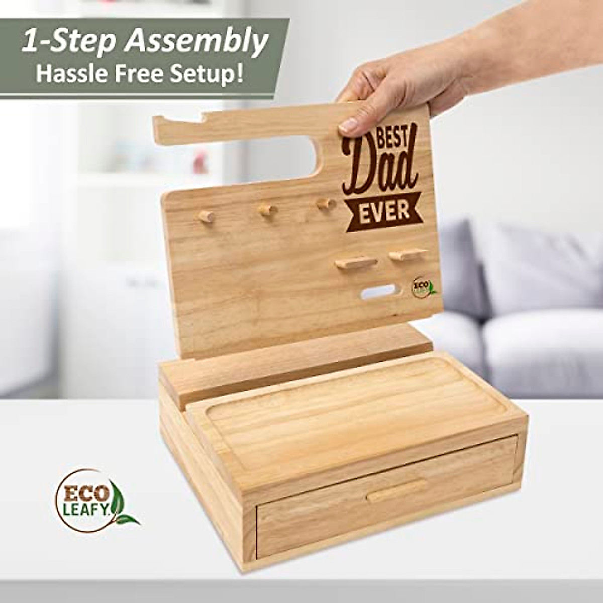 EcoLeafy Dot Best Dad Ever Gifts- Nightstand Organizer for Men- Docking Station for Dad- Personalized Gifts for Men- Phone Organizer Station for Cellphone, Watch, Headphone and Mens Accessories