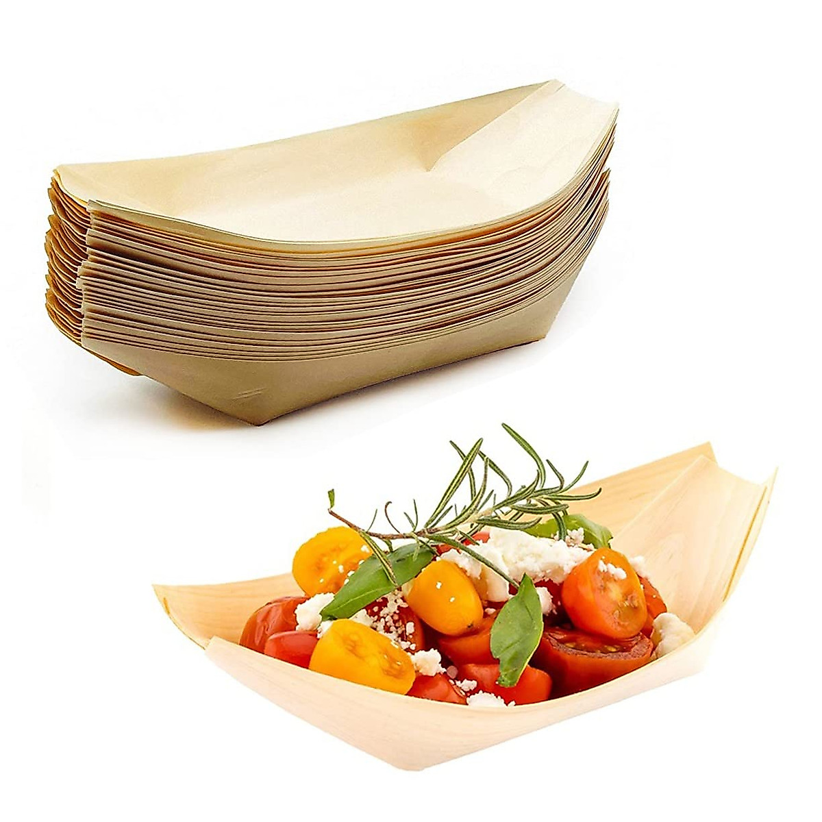 YESTOO Disposable Wood Serving Boats Plates Trays,100 Pack 6" Sturdier Than Bamboo, Biodegradable and Compostable Bowls (100, 6 INCH)