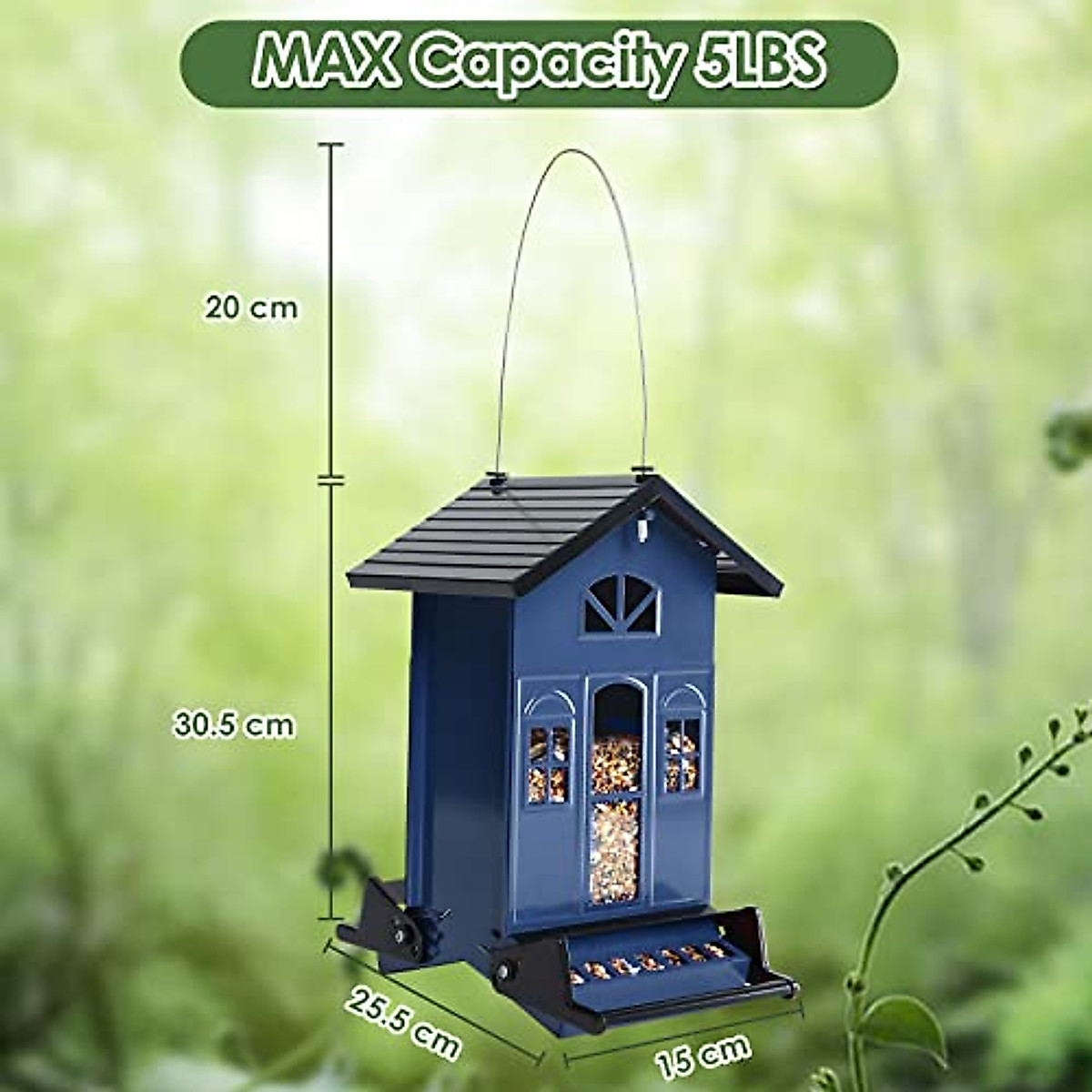 Birdkiss Bird Feeder Squirrel-Proof Outside: Country House Series for Hanging - Metal - 5LBs Seed - Weight-Activated for Outdoors - Large Capacity