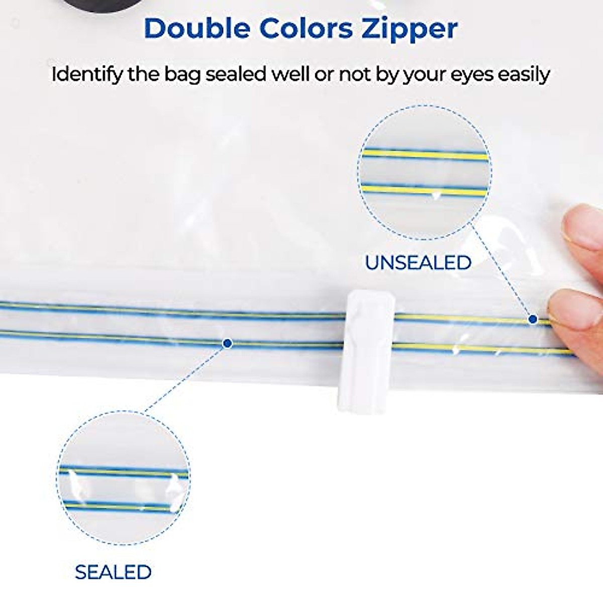 Vacuum Storage Bags, Compressed Air by Sitting, No Pump Needed, Double-Color Zip, for Clothes, Pillows, Towels, Blankets, White
