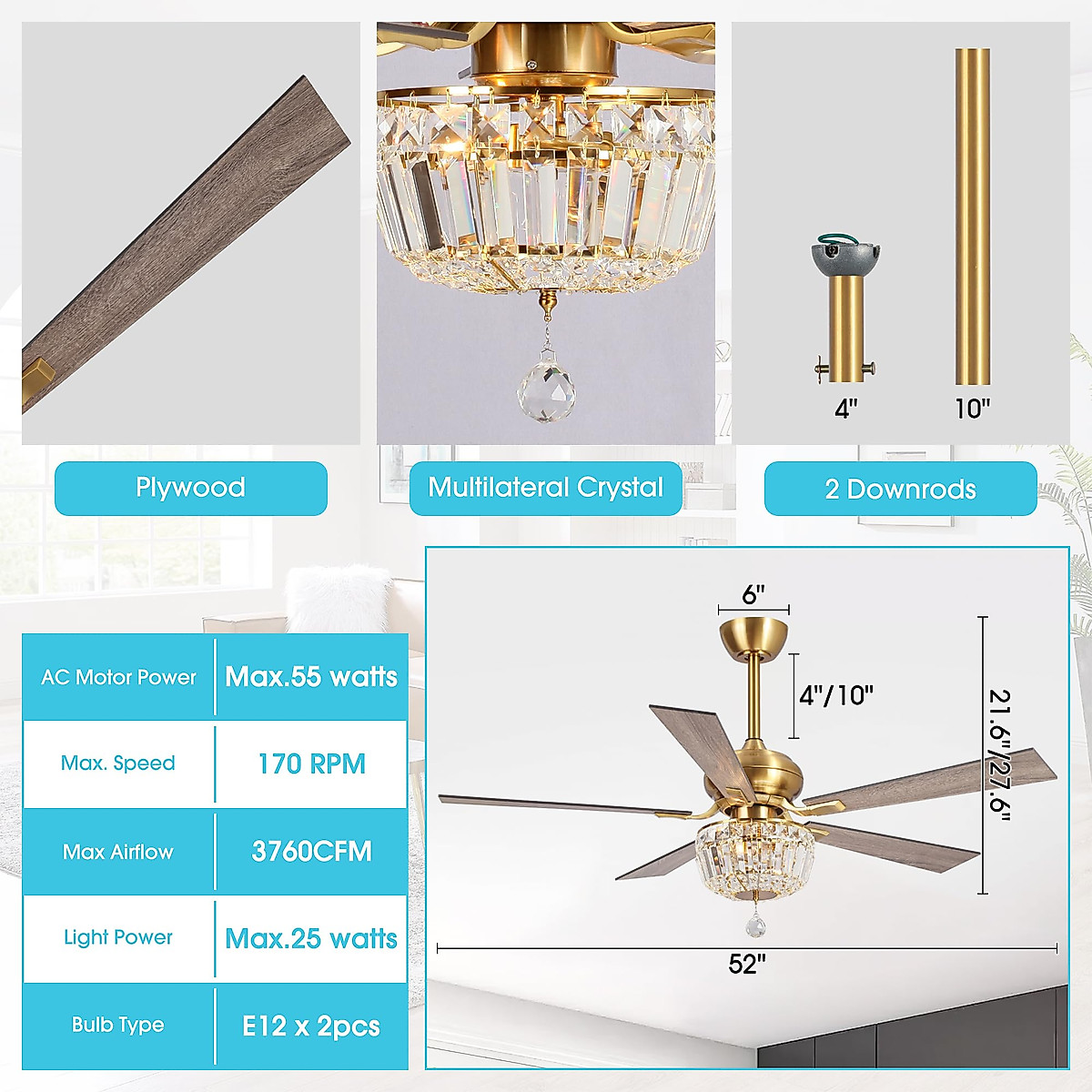 Gold Ceiling Fans with Lights and Remote, 52 Inch Ceiling Fan for Bedroom Living Room, Crystal Chandelier Outdoor Ceiling Fans with LED Light, Reversible 5 Blades, Ventilador de Techo con Luz