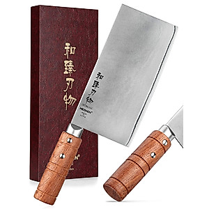 HEZHEN 7" Cleaver Knife, Composite Steel Chinese Kitchen Chef Knife, Clad Steel Butcher Knife, Padauk Wood Handle