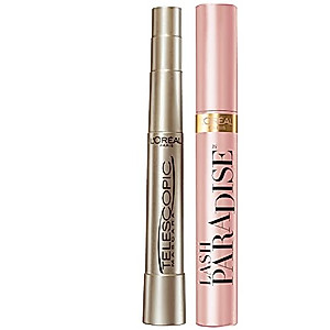 L'Oreal Paris Makeup Voluminous Lash Paradise Mascara for Eyelash Volume and L'Oreal Telescopic Mascara for Lengthening Lashes, Blackest Black, 1 Count of Each