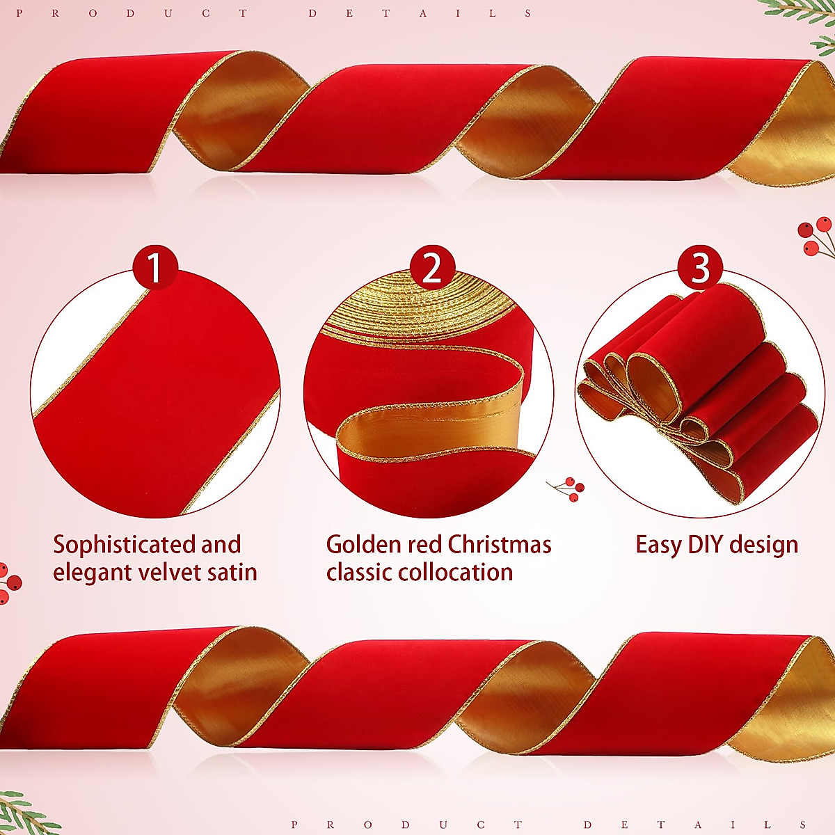 Giegxin 2 Rolls 100 Yard Christmas Velvet Ribbon Wired Gold Edge Ribbon Xmas Gift Wrapping Ribbon for Christmas Crafts Arrangement Decoration(Red and Gold, 4 Inch x 50 Yard)