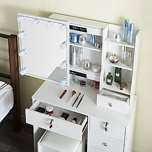 White Makeup Vanity with Lighted Mirror, Vanity Table with Storage Drawer, Dressing Table with Cushioned Stool and for Bedroom, Makeup Room (Modern Vanity 005)