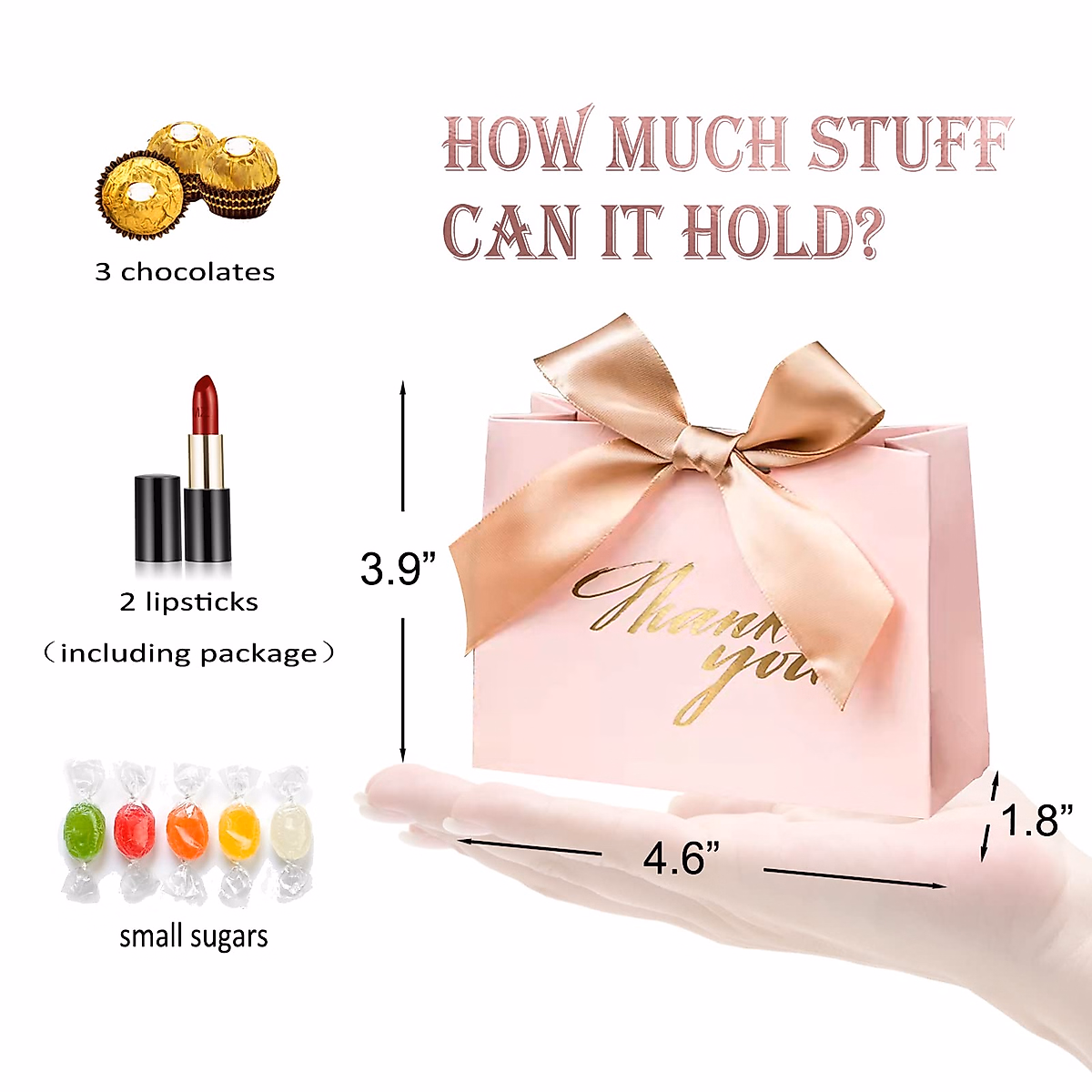 25 Pack Thank You Gift Bag, Small Pink Gift Bags with Gold Ribbon, Baby Shower Party Favor Boxes, Paper Treat Bag Bulk Mini Party Gift Boxes for Birthday Wedding Bridal Shower Business