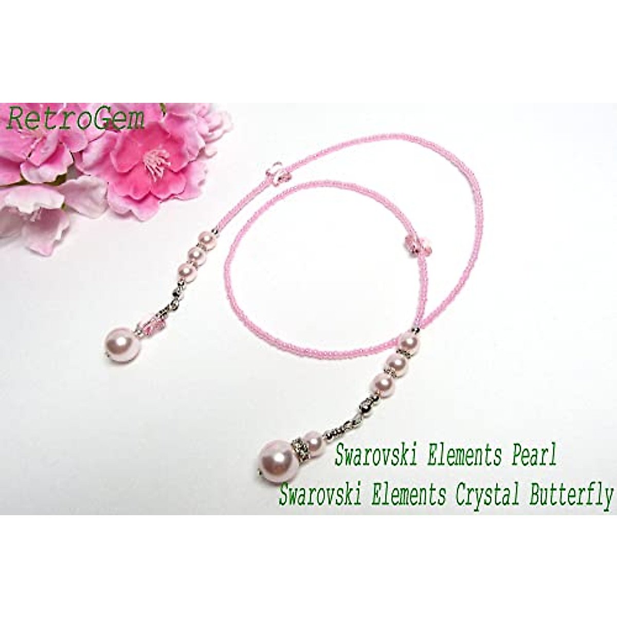 RetroGem Swarovski Elements Crystal Pearl with Preciosa Czech Glass Seed Beads Book Thong Bookmark (12" - Pink)