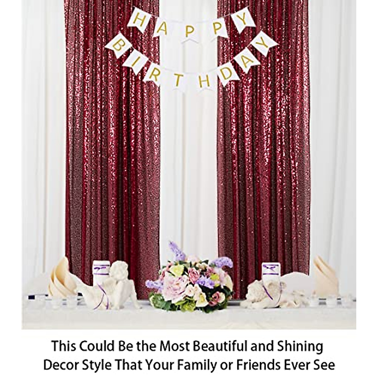 ShinyBeauty Sparkle Backdrop Curtain Burgundy 2 Panels Set Sequin Photo Backdrop Wine 2FTx8FT Sequin Backdrop Curtain Pack of 2-1220S