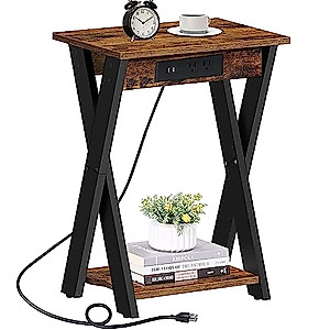 TUTOTAK End Table with Charging Station, X Shaped Side Table with USB Ports and Outlets, Nightstand, 2-Tier Storage Shelf, Sofa Table for Small Space, Brown TB01BB048