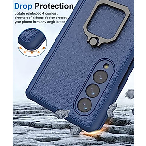 ATATOO for Samsung Galaxy Z Fold 3 Case, Z Fold3 Case Built-in Screen Protector & Hinge Protection & Kickstand, Durable Anti-Scratch Full Body Protection Leather Phone Case for Galaxy Z Fold 3,Blue