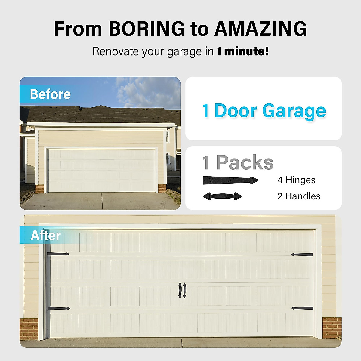 WINSOON for 2 Cars Magnetic Decorative Garage Door Hardware Couch House 12 Pieces Curb Appeal Faux Hinges Handles Accents Hardware Kit, Black