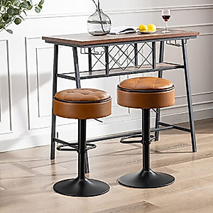Round Storage Bar Stool Set of 2,Faux Leather Height Adjustable Barstool, 360°Counter Height Swivel Stool, Armless Bar Chair with Metal Frame for Kitchen Counter Dining Living Room Whiskey Brown