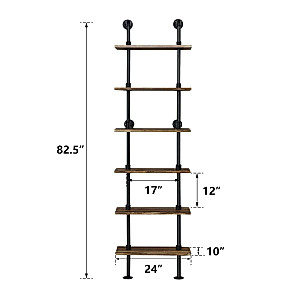 Liviza 6-Tier Pipe Wall Mounted Shelf, Rustic Vintage Industrial Bookcase, Wood Storage Bookshelf for Living Room, Apartment, Small Space