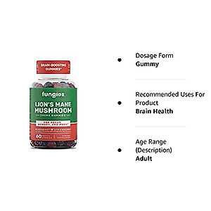 Fungies Lion's Mane Mushroom Brain Health Gummies - Promotes Focus, Memory, and Mood - 60 Count (Natural Blueberry and Strawberry Flavor, Gelatin-Free, Gluten-Free, Non-GMO, Vegan)