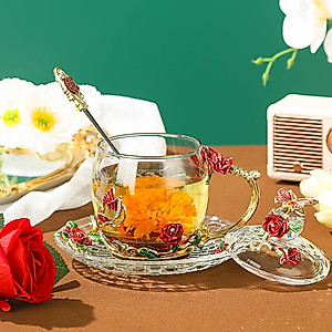 LANTREE Crystal Tea Cup Coffee Mug with Lid Saucer Spoon Birthday for Women Friends Female Grandma Mum Sister Home Decoration(Short Red)