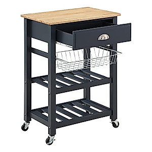 OSP Home Furnishings Hampton Kitchen Cart with Wood Top, Utensil Drawer, Under Cabinet Basket, and 2 Slatted Shelves, Blue Stone Base