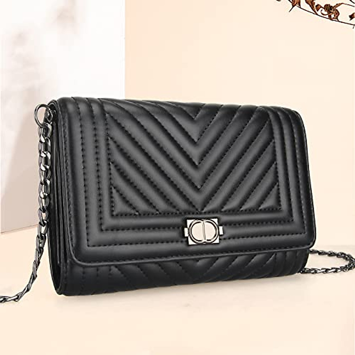 Leather Crossbody Bag for Women Purse Small Handbags Black Crossbody Purse Chain Shoulder Strap Bag Flap Bag Quilted Mini Cross Body Cell Phone Wallet Girls Ladies Clutch Bag
