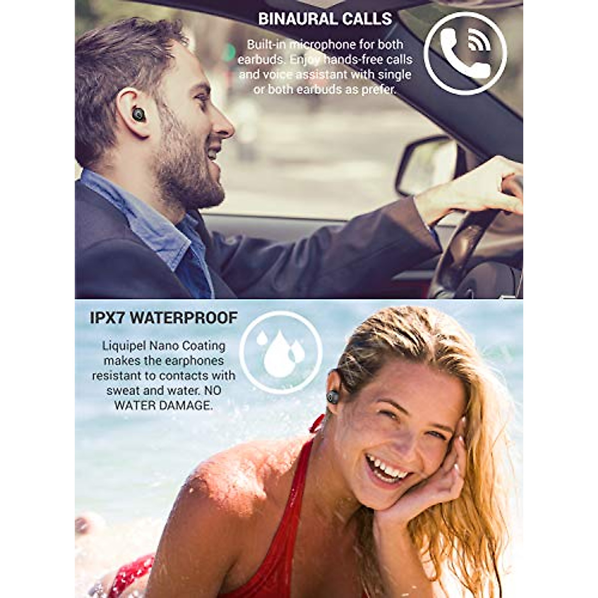 True Wireless Earbuds Bluetooth 5.0 Headphones in-Ear TWS Mini Headset for Sport Extra Bass Stereo Earphones HD Sound IPX7 Waterproof Noise Cancelling Mic 46-48 Hours Playtime Black