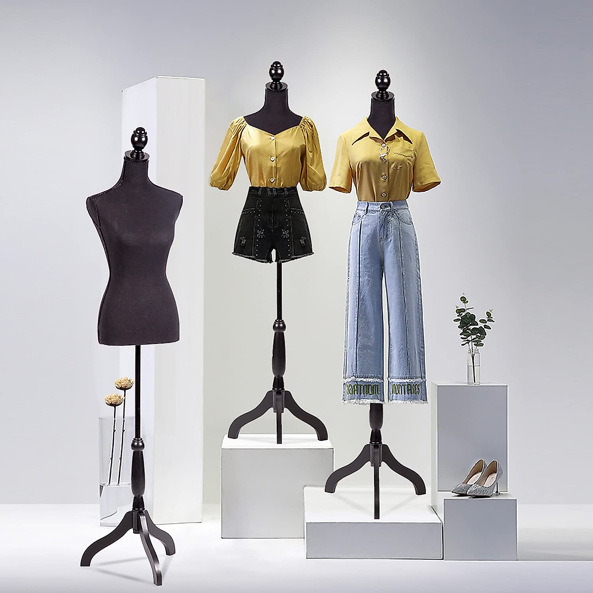 Female Mannequin Female Dress Form Manikin Body Torso with Wooden Tripod Base Stand 60-67 Inch Height Adjustable Pinnable Mannequin for Sewing Dress Jewelry Display, Black