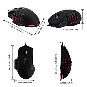 A ADWITS MMO Programmable Gaming Mouse, Pixart True 10000 DPI Sensor, Ergonomic Design with Customizable 17 Buttons, LED Light, 4 x 5g Weights and Polling Rate Up to 1000 Hz, Black