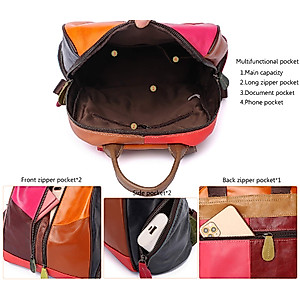 New Women’s Multicolor Backpack Genuine Leather Colorful Patchwork Shoulder Bags (Multicoloured-M)