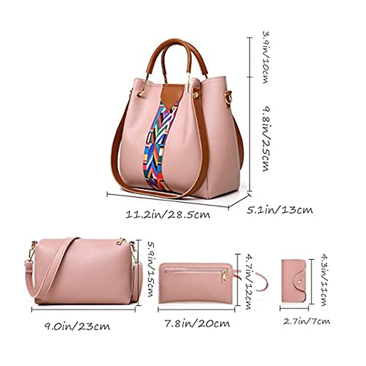 SMALLBLUER 4pcs Hobo Tote and Purse Satchel for Women Top-handle Handbag PU Shoulder Bag Clutch Card Holder-Pink