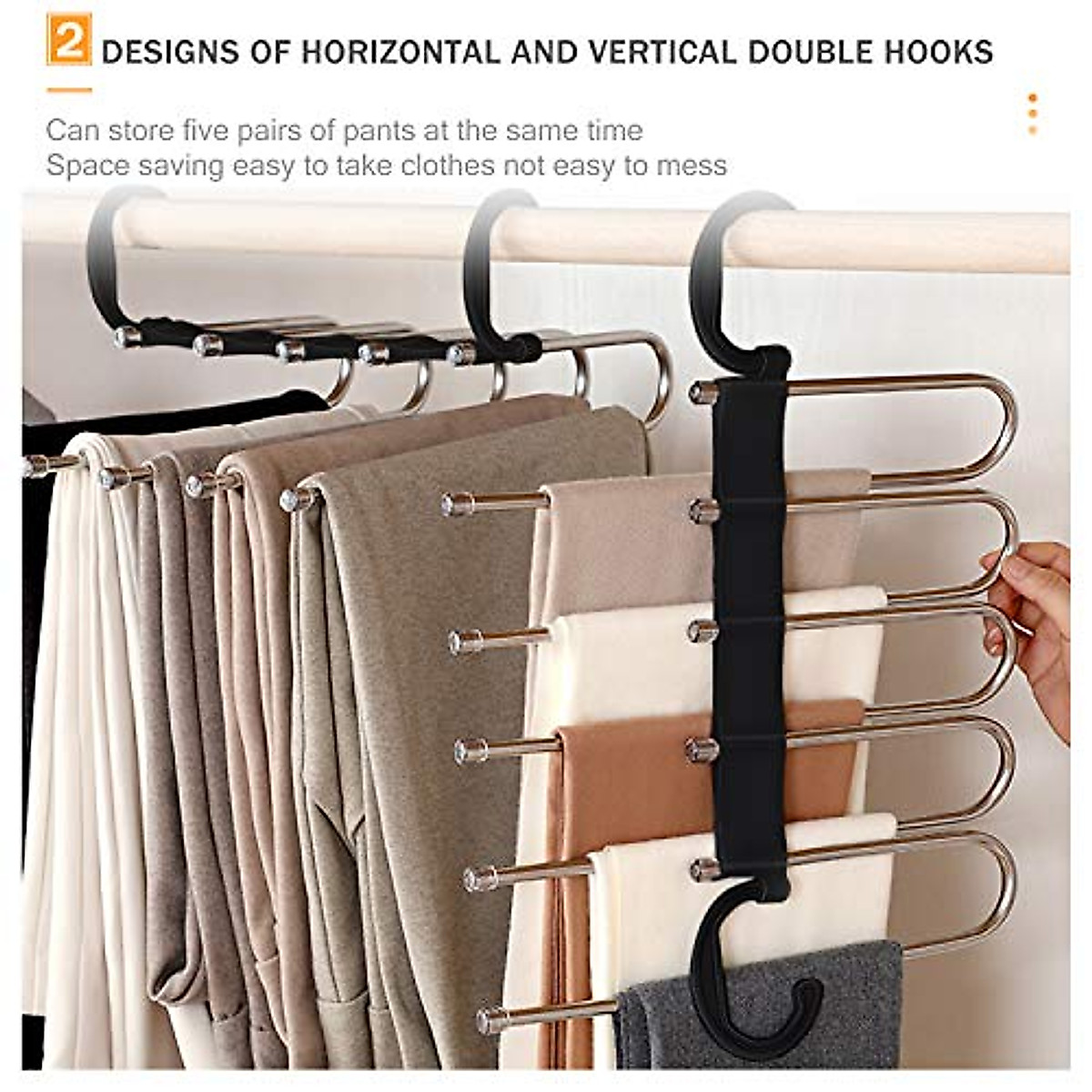 AIR&TREE 4 Pack Pants Hangers Space Saving,Anti-Rust Pants Organizer,Durable and Sturdy Installed Hangers for Pants Scarf Jeans Slack Trousers Ties Towels in Closet,5 in 1(Black)