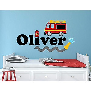Custom Name Firetruck Wall Decal - Firetruck Wall Decals - Boys Kids Wall Decal - Nursery Wall Decals - Fire Truck Vinyl Wall Art Decor Sticker (24"W x 14"H)
