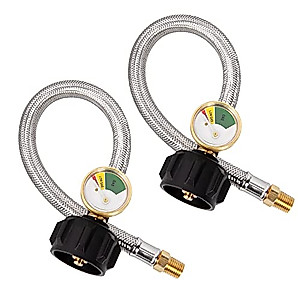 SHINESTAR RV Propane Hose with Gauge for Camper, 12 Inch Braided Propane Pigtail for Dual Stage Regulator, 1/4-Inch Male NPT x QCC1, 2-Pack