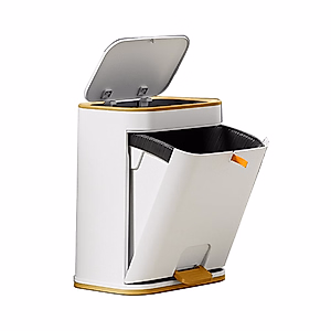 Bathroom Trash Can with Lid, Plastic 3 Gallon Garbage can with Press top Lid, Gold Step Pedal Trash can, Narrow White Trash bin for Kitchen, Bathroom, Bedroom, Living Room, Office, Dog Proof Trash Can
