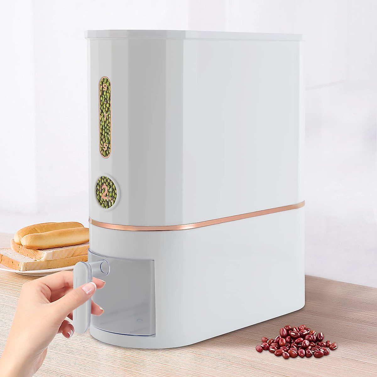 GDAE10 Rice Dispenser, 22 Lbs Rice Storage Container Holder BPA-Free, Large Container Food Dispenser with Lid and Measuring Cup, Kitchen Storage Organizer for Dry Food Flour (White)