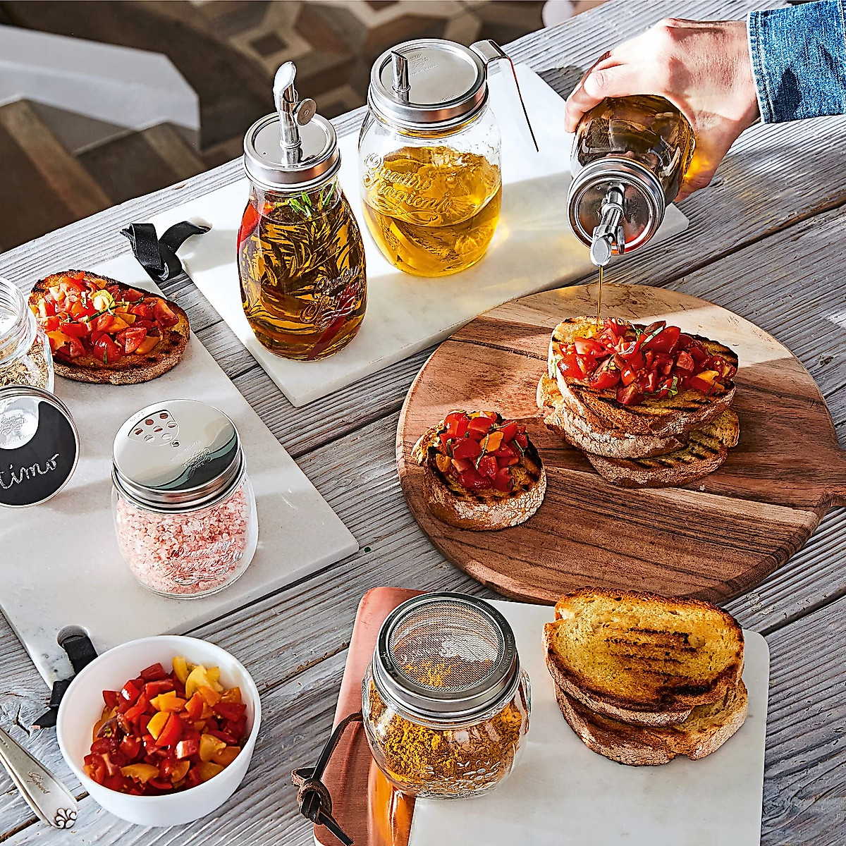 Bormioli Rocco Quattro Stagioni Spice Jar Set - 8.5 Oz, Durable Glass Mason Jars with Multi-Function Rotatable Lids, Stainless Steel Tops for Salt & Pepper - Made in Italy, Glass Spice Jars