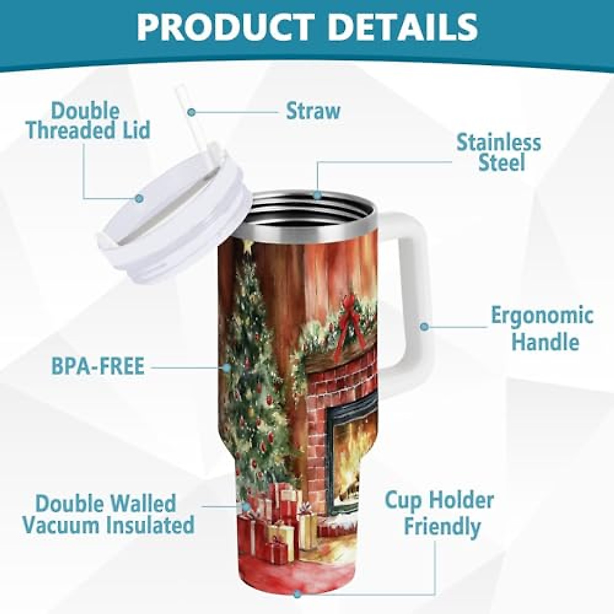 ODAWA Christmas Fireplace Red Water Tumbler 40 Oz Travel Cup with Lid and Straw